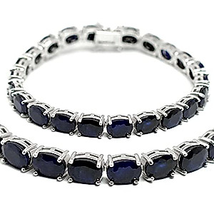 Natural 8X6 MM Oval Cut Blue Sapphire Gemstone 925 Sterling Silver September Birthstone Tennis Bracelet Women Jewelry Love and Friendship Gift For Her (Rhodium Plated Silver, 6.5 Inches)