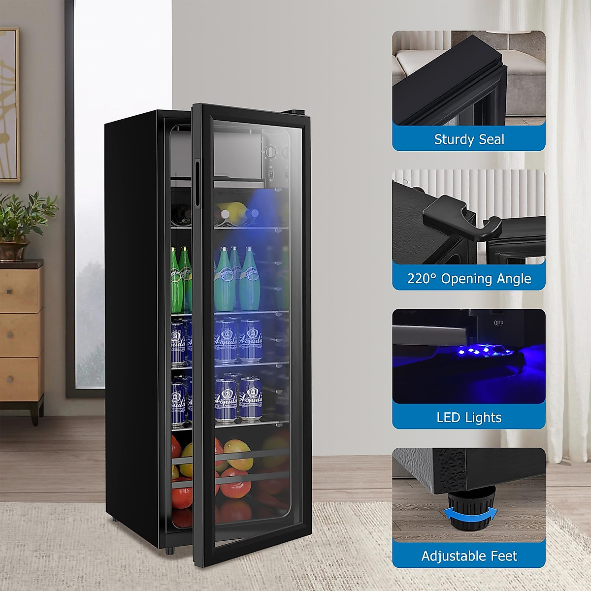 AXUTL Beverage Fridge Glass Door with Freezer 4.5 Cu.ft Small Beverage Refrigerator, Apartment Size Refrigerator Compact Drink Fridge Mini Wine Beer Cooler Office/Bar/Bedroom