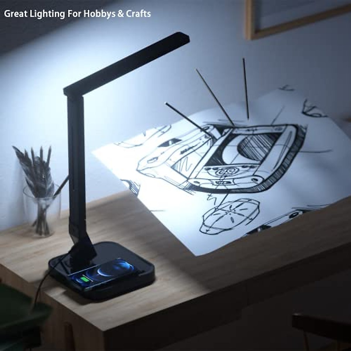 Fugetek LED Desk Table Lamp, 14W, 530 Lumens, Wireless Charger & USB Charging Port, Dimmable Eye-Caring, 5 Brightness & 4 Light Modes, Adjustable Arms, Touch Control, Auto Sleep Timer