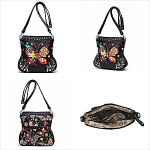 Colorful Butterfly Flower Western Purse Country Handbag Women Shoulder Bag Crossbody Wallet 4 Piece Set Black