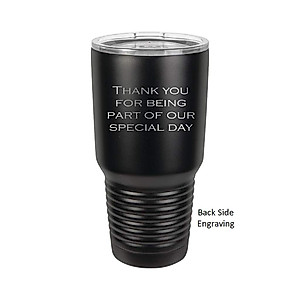 Groomsman 30 ounce Tumbler in Sets of 4 to 15 made of Stainless Steel Custom Engraved with a Clear Lid including Choices of Color, Design, Straw, Thank You Message and Spill Proof Slide Lid