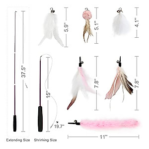 SONGWAY Interactive Cat Feather Toys - 7 Pcs Cat Toy Set, Retractable Cat Wand Toy, Teaser Refills Worm Bird Feathers with Bell, Cat Teaser Toys for Indoor Cats Kitten Play Chase Exercise, Light Pink
