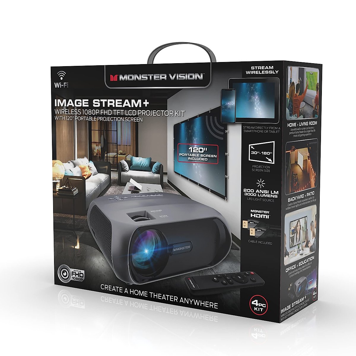 Monster Vision 1080P Image Stream Projector and 120” Portable Screen, 2500 Lumens, Universal Video/Audio/Photo Format Support, Wireless Device Mirroring, Stream Videos/Photos from Android/iOS Devices