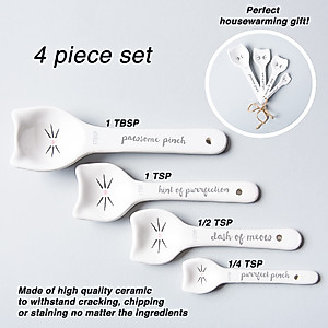 Votum Ceramic Measuring Spoons Set - Adorable Cat Shaped Stackable Spoons with Hand Painted Details - 4 Piece Set: 1 tbsp, 1 tsp, 1/2 tsp & 1/4 tsp