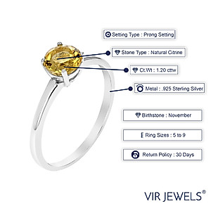 VIR JEWELS 1.20 cttw Citrine Ring .925 Sterling Silver with Rhodium Solitaire Round 6 MM Size 7