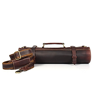 Tolredo Top Grain Buffalo Leather Chef Knife Roll Case 10 Slot and 1 Zipper Pocket for Culinary Storage Portable Bag with Detachable Shoulder Strap (Walnut, 29.5" X 20")