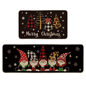 Artoid Mode Buffalo Plaid Tree Gnomes Black Christmas Kitchen Rugs Set of 2, Winter Low-Profile Floor Mat Merry Home Decora for Floor - 17x29 and 17x47 Inch
