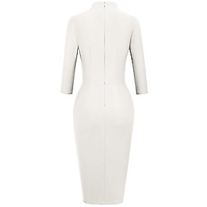 MUXXN Ladies 3/4 Sleeves Knee Length Mock Neck Formal Wear to Work Pencil Dress Off White M