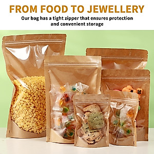 150-Pack Kraft Bags with Window 8 x 12" Reclosable Large Stand Up Mylar Bags for Food Storage Resealable Smell Proof Zip Lock Pouch, Edible Packaging, Reusable bags for Small Business