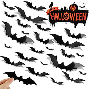 Halloween Bats Wall Decor, 92 PCS DIY 3D Bats Halloween Decorations Stickers, 4 Different Sizes Reusable PVC Bat Stickers for Home Room Decor Indoor Outdoor Party Decorations - Adhesive Included