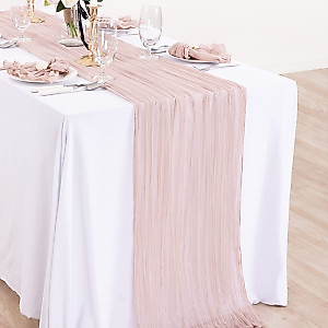 DeZerlor Dusty Pink Cheesecloth Table Runner Boho Gauze Table Runner Rustic Sheer Table Runner 120 inches Long for Wedding Bridal Baby Shower Spring Table Decor