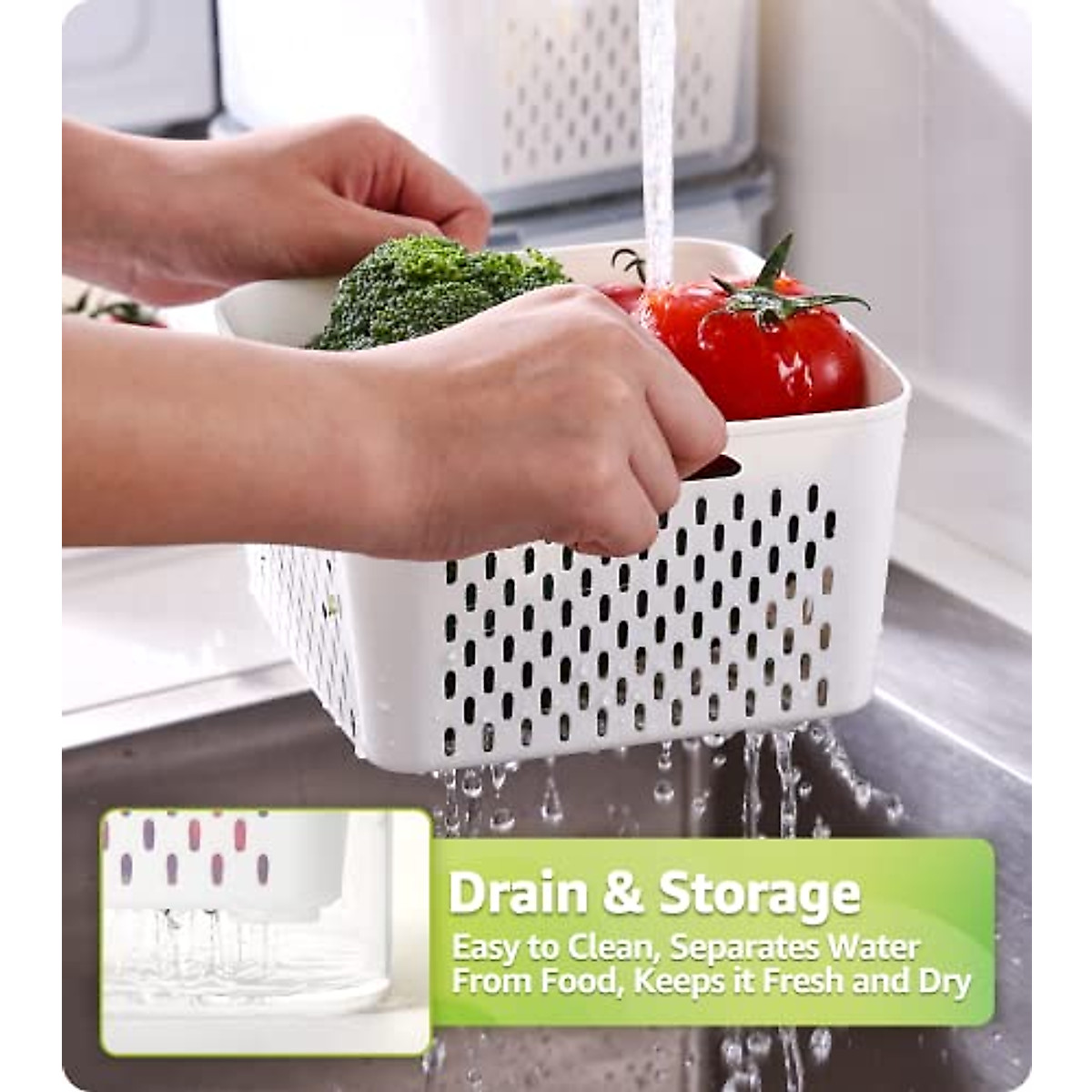 COCOYA 5-Pack Large Fruit Containers for Fridge, Leakproof Produce Storage Keeper with Removable Colander Food Grade BPA FREE Keep Vegetables Berry Veggies Lettuce Apple Banana Meat Food Fresh Longer