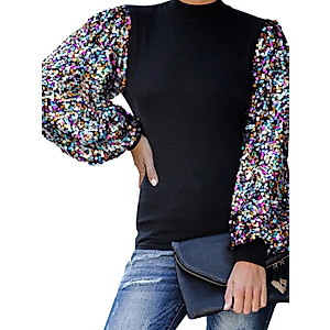 Anna-Kaci Women's Confetti Sequin Balloon Long Sleeve Mock Neck Pullover Sweatshirt (Black, Large)