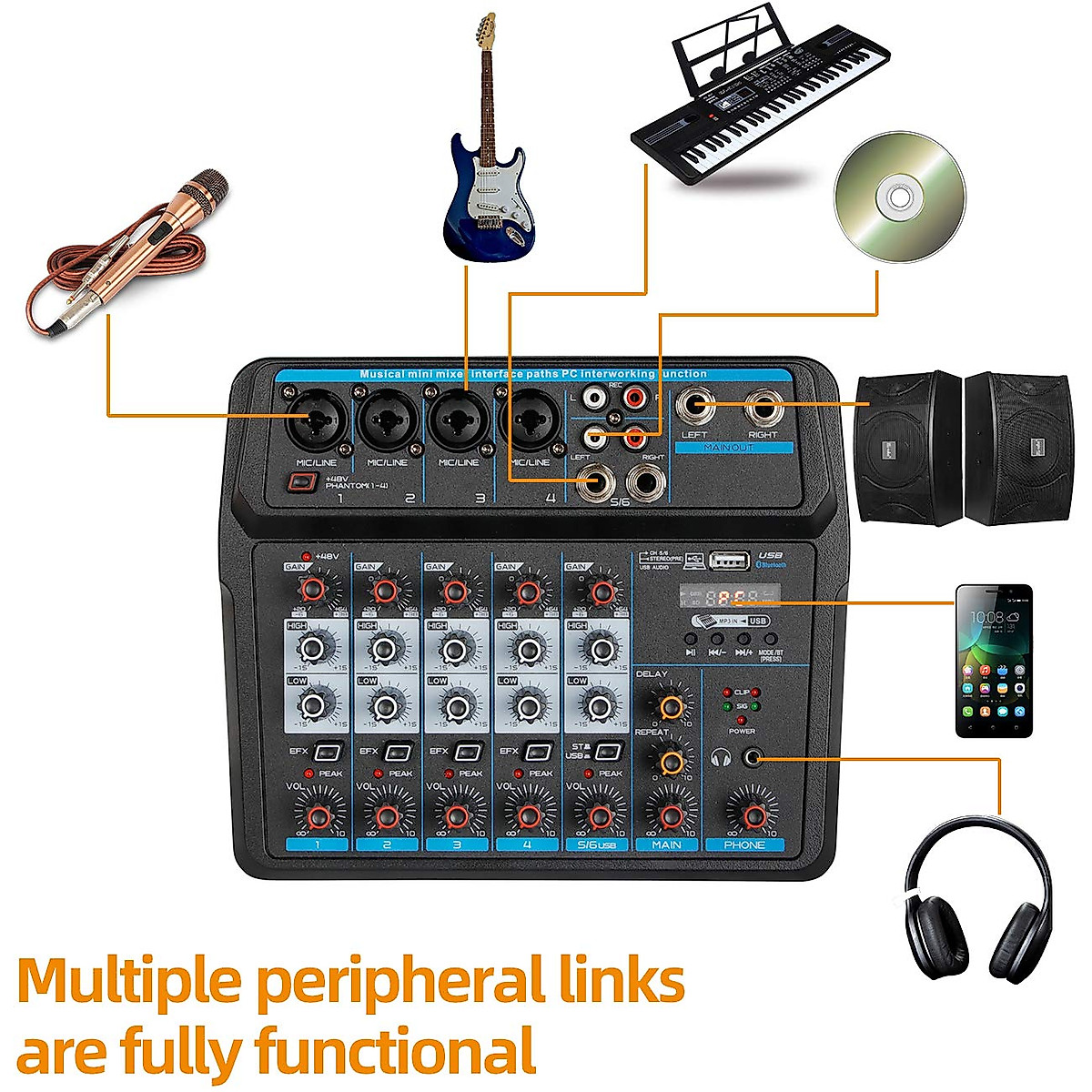 Depusheng U6 Audio Mixer 6-channel USB Audio Interface Mixer, DJ Sound Controller Interface with USB,Soundcard for PC Recording,Built-in 48V Phantom Power for Home Music Production,Live Streaming