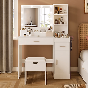 HAIOOU Vanity Desk with Mirror and Lights, White Makeup Vanity with Charging Station, Modern Dressing Table Chair Set with 2 Storage Drawers, 3 Lighting Modes Adjustable Brightness for Bedroom