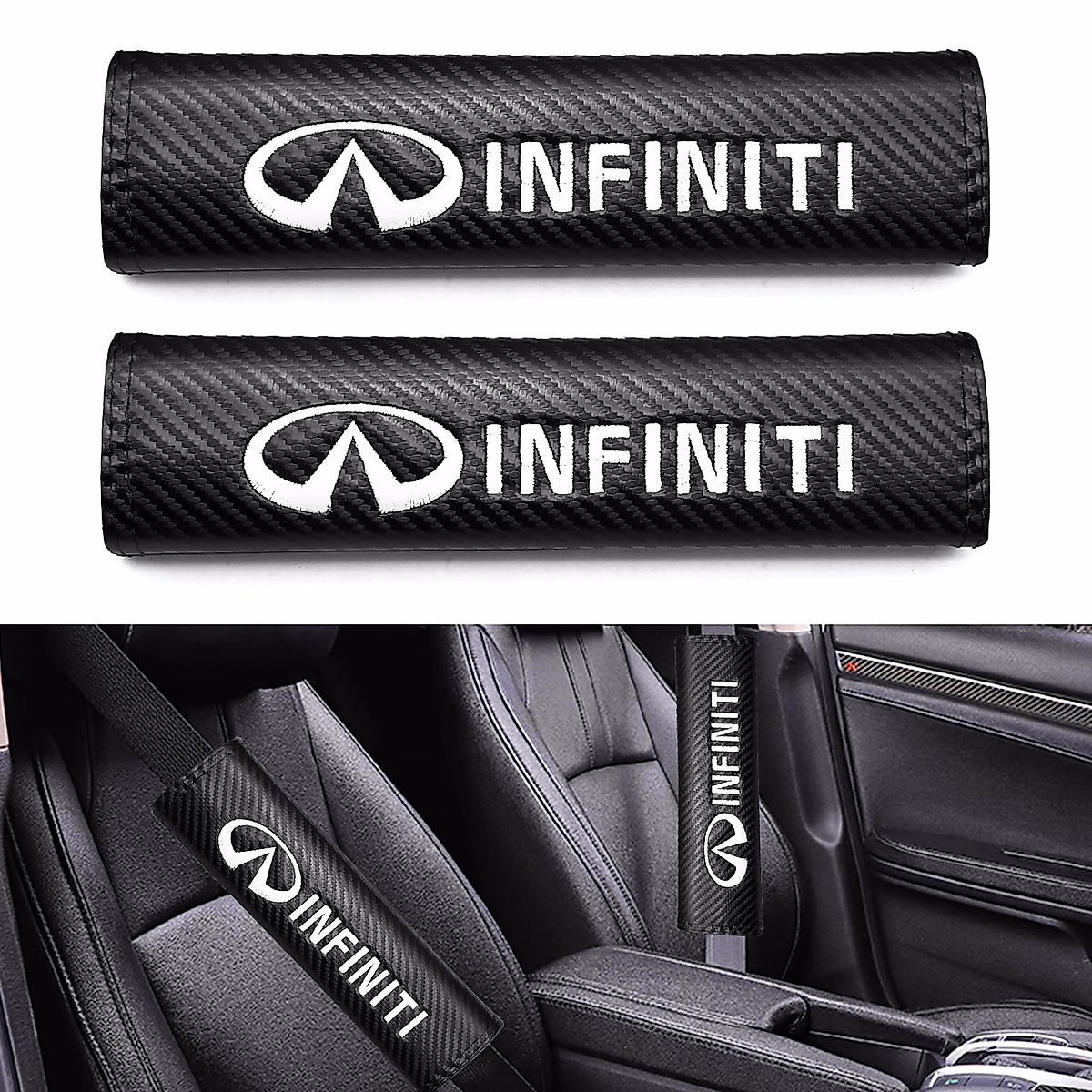 2 Pack Car Seat Belt Pads Cover Comfortable Driving, Carbon Fiber Seat Belt Shoulder Strap Covers Harness Pad for Infiniti Interior Accessories, Compatible with Adults Youth Kid Black