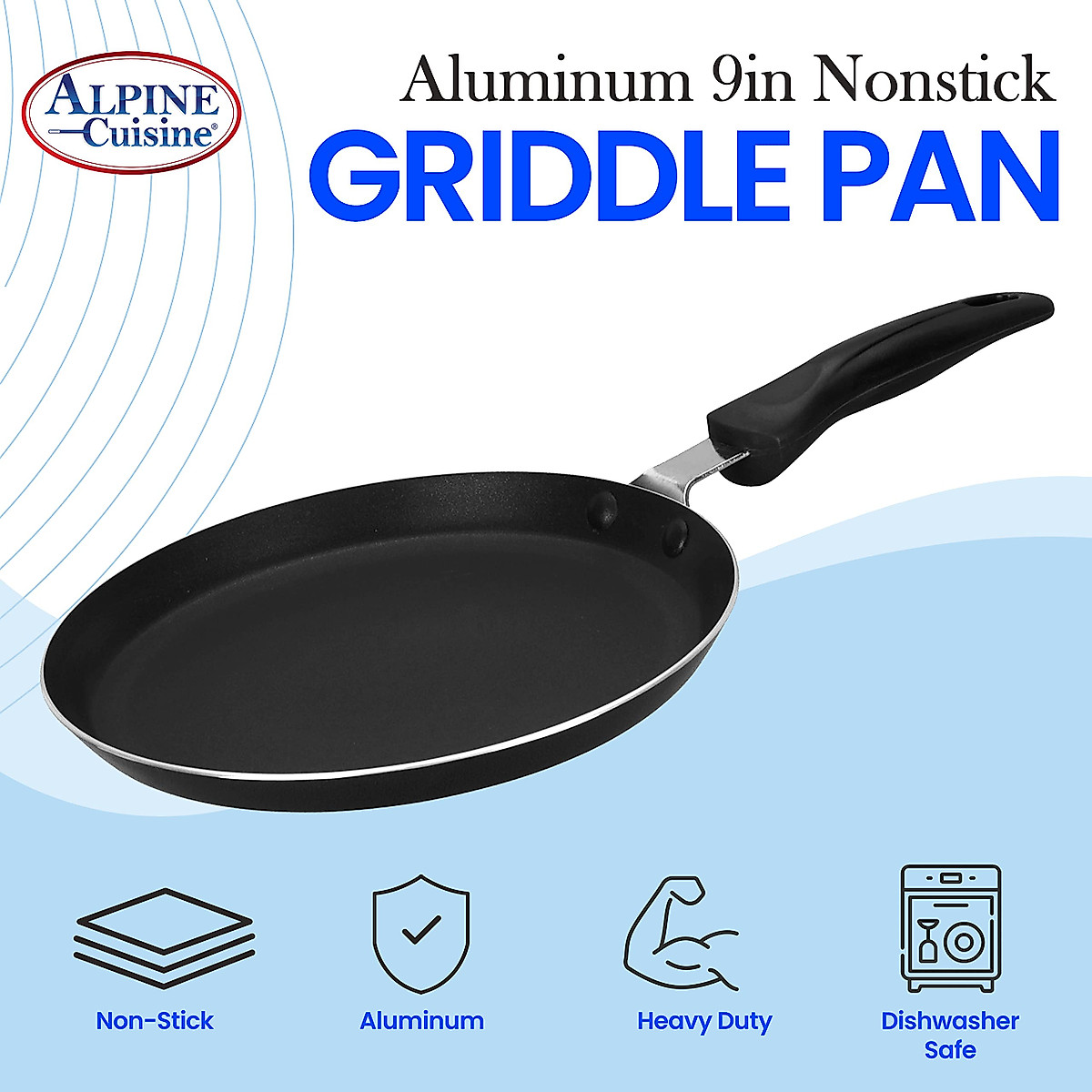 Alpine Cuisine Griddle Pan Aluminum 9-Inch Nonstick Coating, Griddle Pan for Stove Top with Stay Cool Handle, PFOA Free, nonstick cookware - Dishwasher Safe - Gray