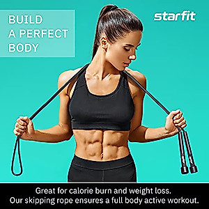 STARFIT Lightweight Jump Rope with Plastic Handles for Fitness and Exercise - Adjustable - Tangle-Free Skipping Rope for Crossfit, Gym, Cardio and Endurance Training, Workout (Black)