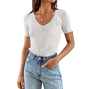 ZESICA Women's Short Sleeve T Shirts Summer V Neck Tops Casual Ribbed Knit Slim Fit Basic Tees,White,Small