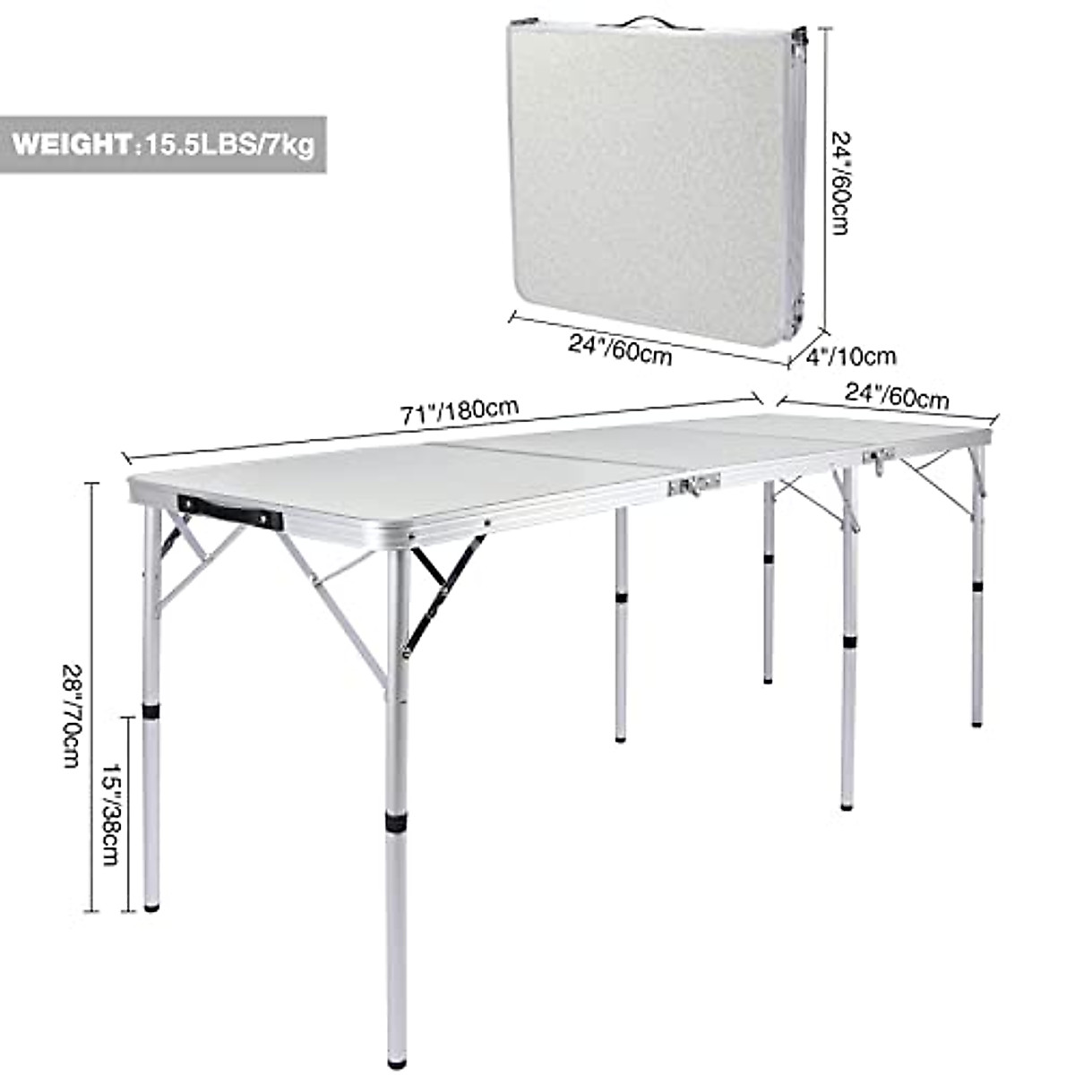RedSwing 6 Foot Folding Camping Table, Aluminum Outdoor Tri-fold Table with Adjustable Heights Legs, 72x24 Inches, White