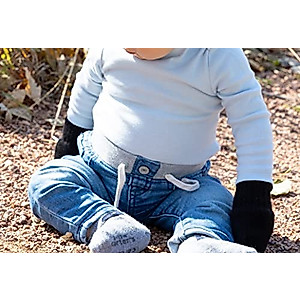 Infant Double Pom Beanie and Mittens Set - Diagonal Basketweave - Black