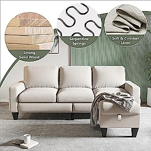 Lonkwa Convertible Sectional Sofa L-Shaped Couch, Beige Couches for Living Room with Reversible Chaise, 3-Seat Modern Linen Sectional Couch for Living Room/Apartment/Office/Small Space