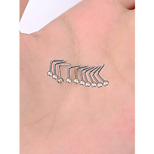 20 Pieces Curved Nose Stud Stainless Steel Nose Ring Crystals L Bend Nose Screw Piercing Jewelry, 20 Gauge
