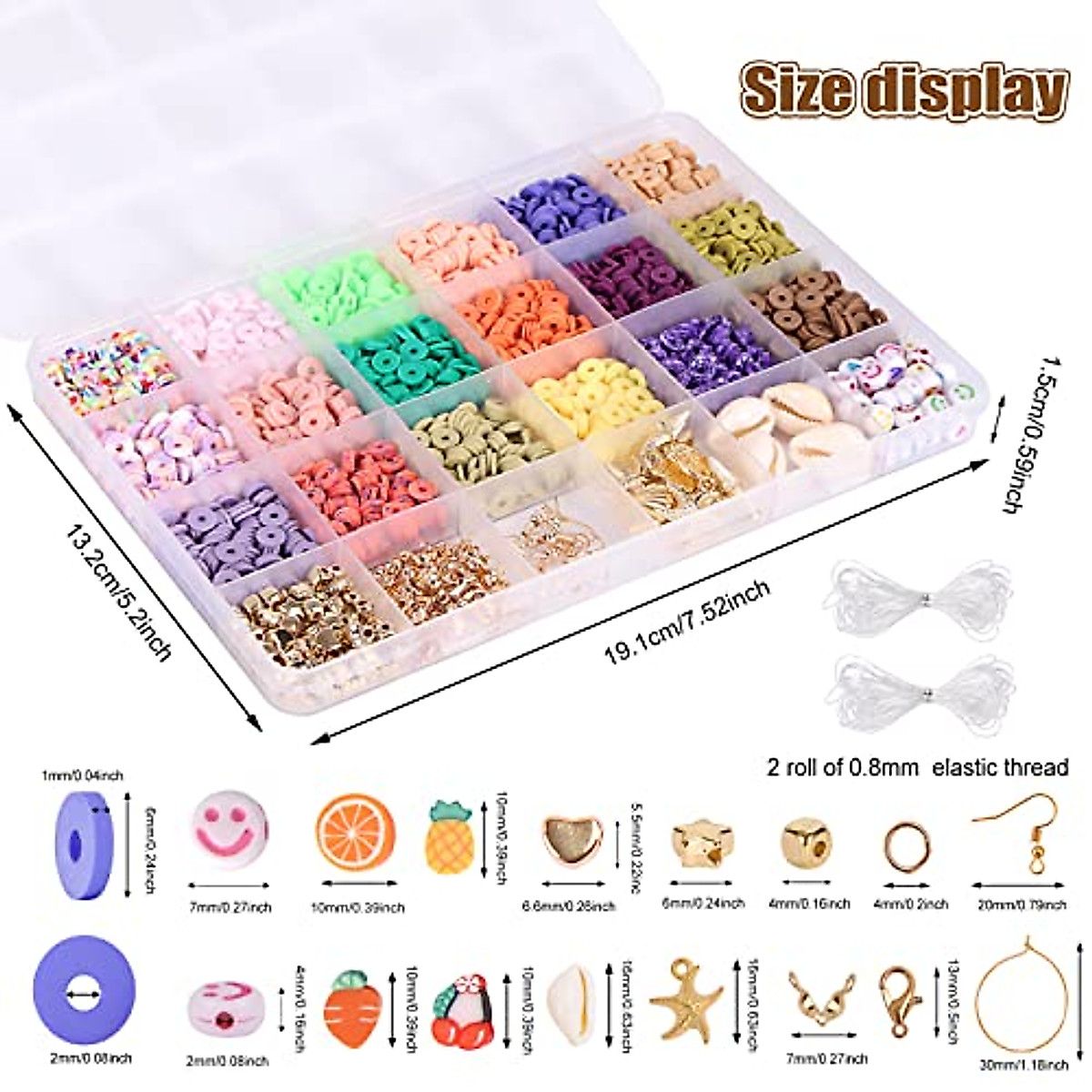 QUEFE 9000pcs, 90 Colors, Clay Beads for Bracelet Making Spacer Heishi Beads Flat Round Polymer Clay Beads for Jewelry Making Kit with Fruit Flower Beads Pendant Charms Kit and Elastic Strings