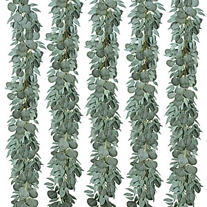 JUSTOYOU 5 Pack Fake Silver Dollar Eucalyptus Greenery Garland Plants, 6.5 Feet Artificial Eucalyptus Leaves Vines for Wedding Table Backdrop Arch Wall Decor Runner Doorways Decoration Indoor Outdoor