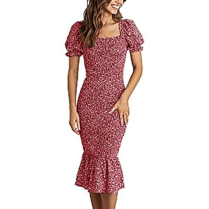 PRETTYGARDEN Women's Summer Floral Midi Bodycon Dresses Short Puff Sleeve Square Neck Ruffle Hem Mermaid Cocktail Dress (Red,Large)