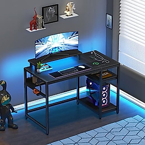 Bergoolin 48 inch Gaming Desk with Led Lights & Power Outlets, Computer Desk with Shelves & Monitor Stand, CPU Stand, Headphone Hook, Home Office Desk, 23 inch Wide,Black