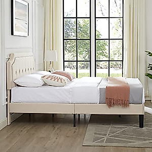VECELO Upholstered Platform Bed Frame with Adjustable Headboard, Wooden Slats Support, No Box Spring Needed, Modern Style, Queen Size