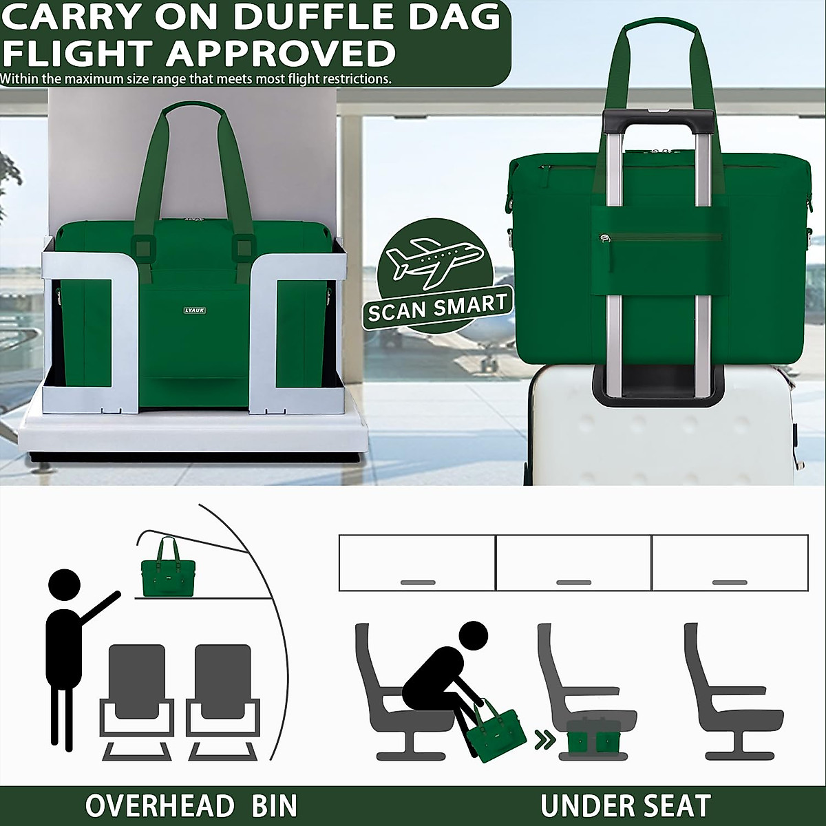 Weekender Bags for Women with 15.6 inch Laptop Compartment, LYAUK Travel Duffel Bag with Detachable Makeup Bag&Wet Pocket, Carry on Overnight Bag for Airplanes,Hospital Bag for Labor and Deliver Green