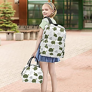 FOLIOSA Kid's Backpack Lunch Bag Set Green Turtle Print， Large Capacity Insulated Scratch-Resistant Backpack with Lunch Kit for School Work Suits for 6+ Years Teenager Boys Girls