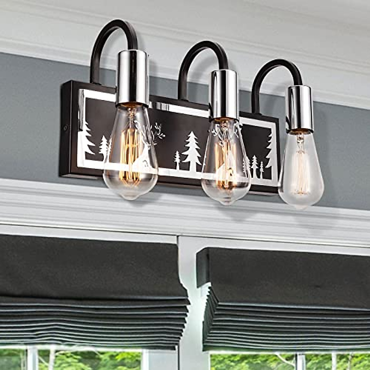 Darkaway Wall Sconces Farmhouse Bathroom Light Fixtures, Black and Chrome 3-Light Fixture with Rustic Deer Pattern Decoration for Hallway Bedroom Porch Living Room Dining Room Patio Courtyard Hotel