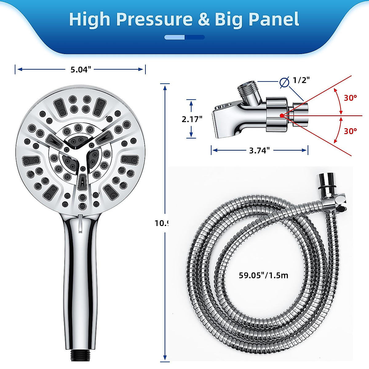 Sosirolo High Pressure Shower Head with Handheld, 10-mode Filtered Detachable 5" Large Showerhead with Hard Water Filter for Bathroom, Anti-clog Shower heads with SS Hose, SO-24, Chrome