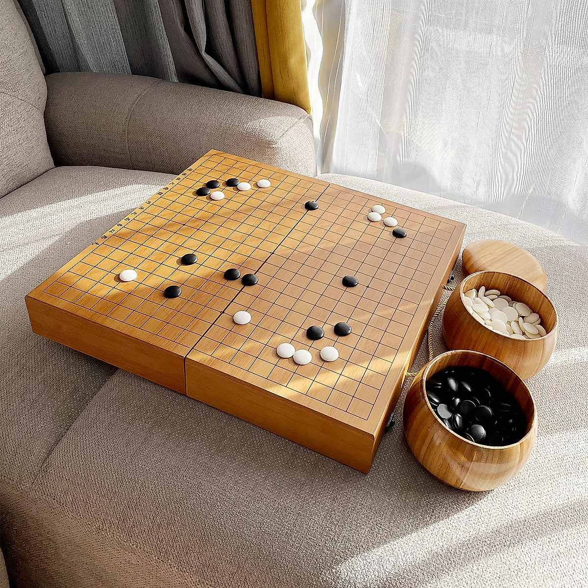 Wowwoody 19x19 Go Game SetHigh Grade Gift Box Board with Single Convex Melamine Stones and Bowls Set