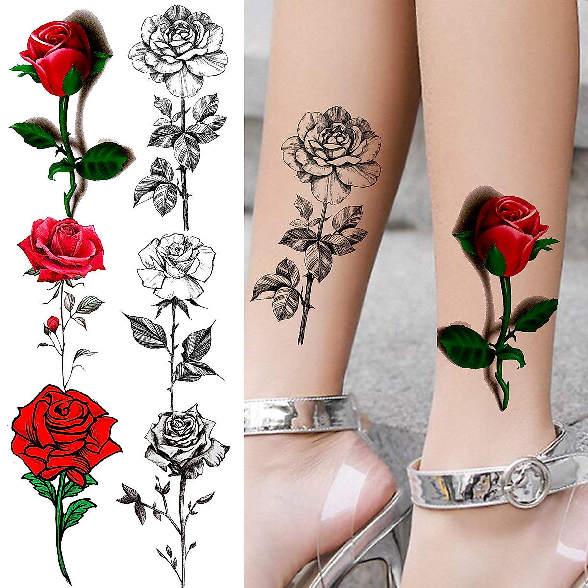 EGMBGM 24 Sheets Black Sketch Rose With Snake Temporary Tattoos For Women, Sexy Red Rose Branch Crescent Moon Tattoo Sticker For Girls, Waterproof Arm Leg Neck Fake Flowers Tattoo Temporary Tatoo Kit