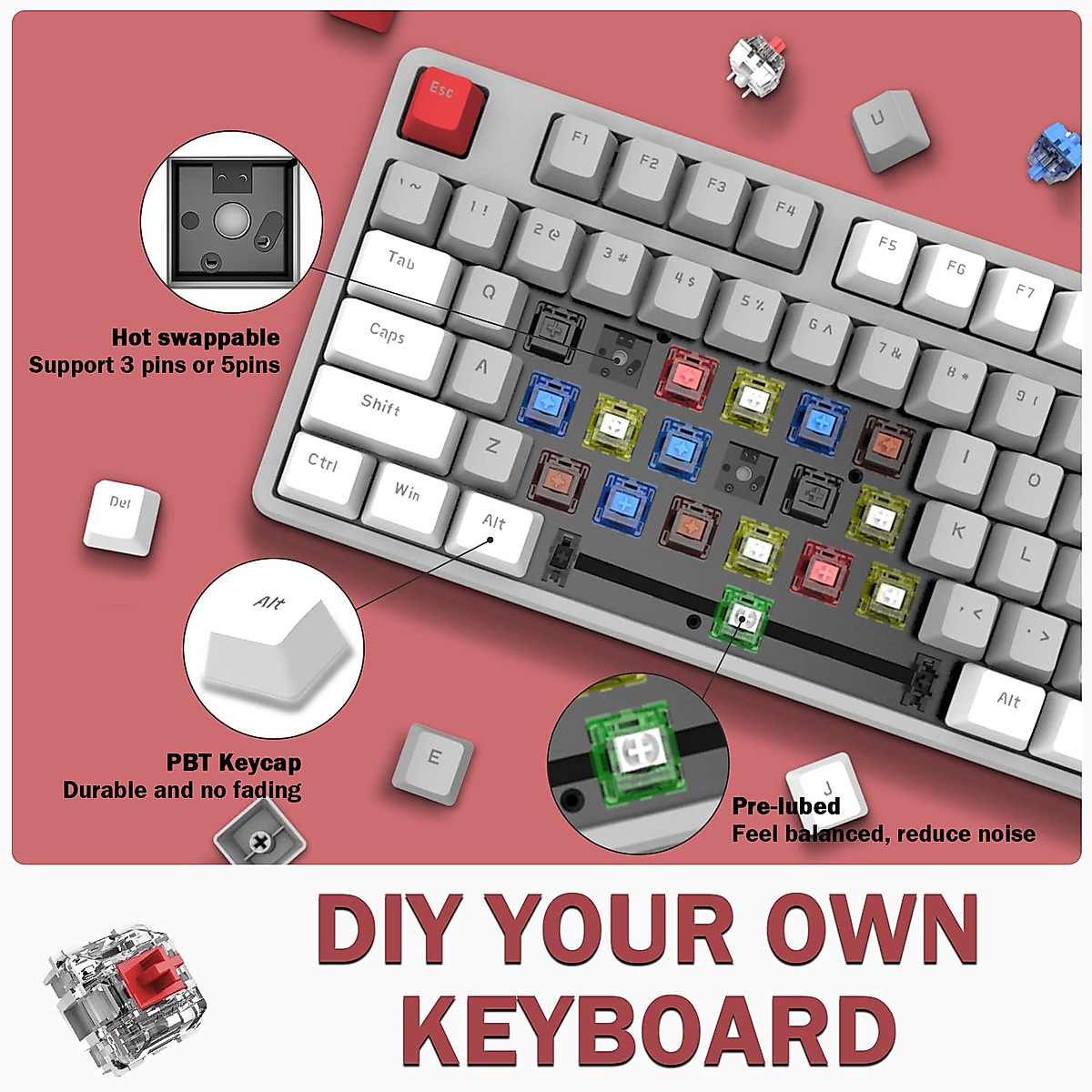 A.JAZZ AK873 Wired 87 Key TKL Retro Color Mechanical Gaming Keyboard with Rainbow Backlit Hot-swap Linear Red Switch NKRO Gasket Custom Coiled Aviator C to A Cable for Win/PC/Mac Gamer(White Gray)