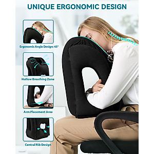 JefDiee Inflatable Travel Pillow, Airplane Neck Pillow Comfortably Supports Head and Chin for Airplanes, Trains, Cars and Office Napping with 3D Eye Mask, Earplugs and Portable Drawstring Bag (Black)
