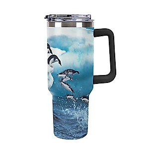 Niapessel Leak Proof Tumbler, Insulated Water Bottles with Straw, Penguin Group Into Ocean Insulated Cup with Handle 40 Oz Stainless Steel Flask for School, Travel, Car, Sports, Work
