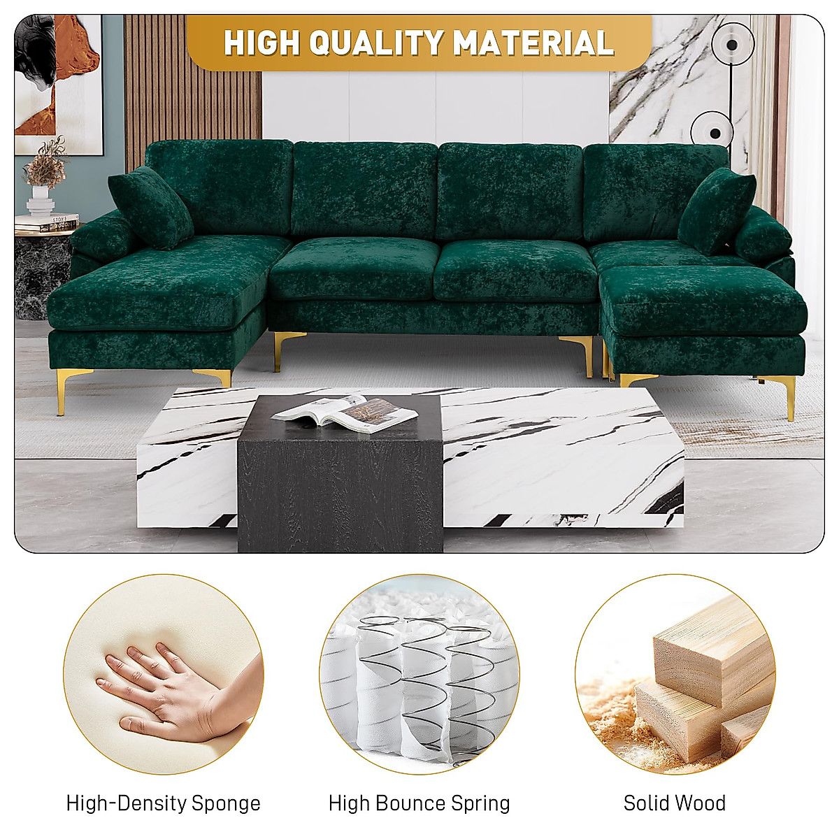 OUYESSIR U-Shaped Sectional Sofa for Living Room, 4 Seat Velvet Sofa Set Convertible L-Shaped Couch Set with Chaise Lounge, Ottoman and Pillows,114 inches (Emerald Green)