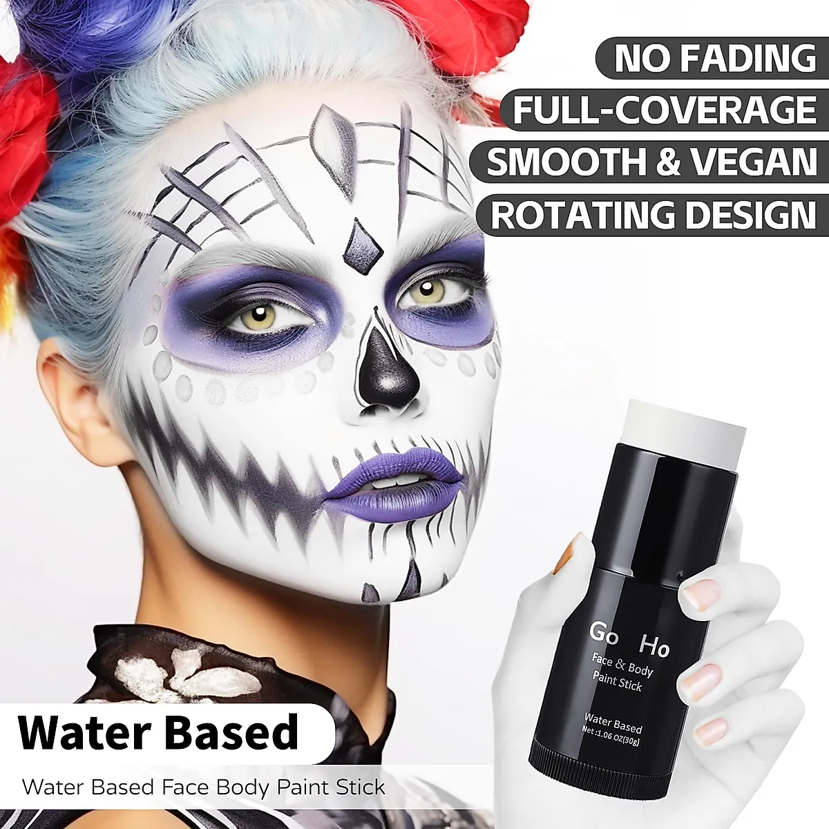Go Ho White Face Paint,Easily Washable Formula Face Paint Stick,Non-toxic Full-coverage Cream to Powder White Face Body Paint for Halloween Cosplay Zombie Skeleton Clown Goth Makeup