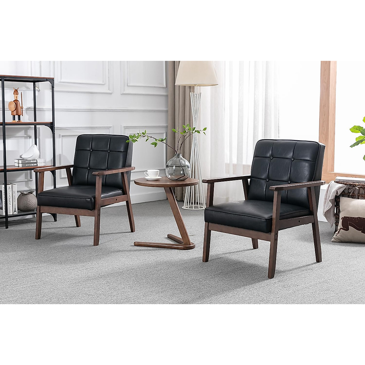 Okeysen Accent Chairs Set of 2, Mid Century Modern Accent Chair, Retro Wood and Leather Armchairs Side Chair, Lounge Reading Comfy Arm Chair for Living Room, Bedroom, Office(Matte Black)