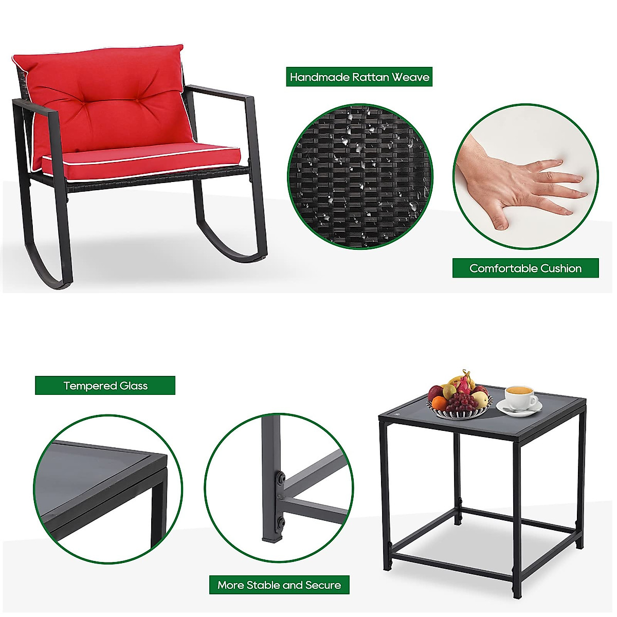 BAIJIAWEI B 3PCS Set Rattan Wicker Rocking Chair - Bistro Furniture Set with Coffee Table, Garden Patio Yard Porch Balcony Furniture All- Weather Wicker Rocker Chair with Cushions