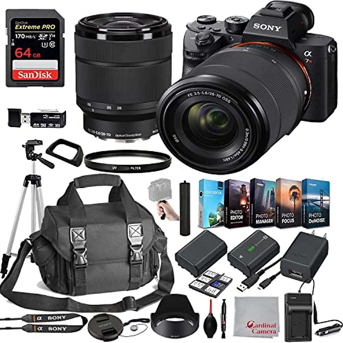 Sony a7R IVA Mirrorless Digital Camera 61MP w/ 28-70mmmm Lens ILCE7RM4A/B + Spare Battery + SanDisk 64GB Extreme PRO SDXC UHS-I / V30 / U3 / Class 10, 170 MB/s Memory Card + More (28PC Bundle)