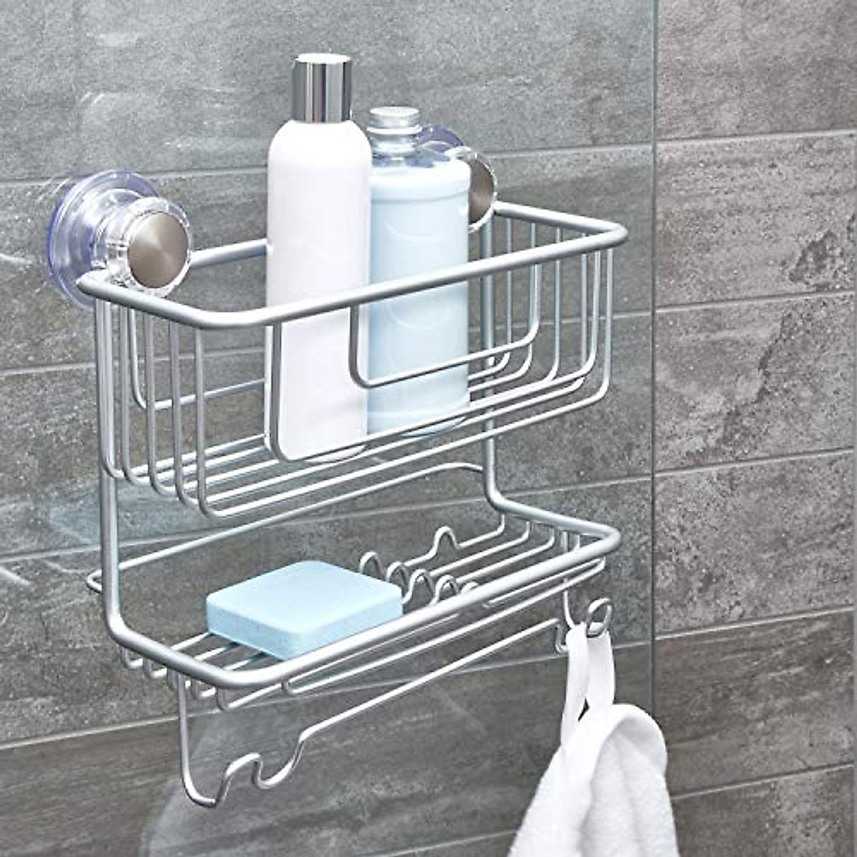 iDesign Metro Rustproof Aluminum Turn-N-Lock Suction, Bathroom Shower Combo Basket for Shampoo, Conditioner, Soap - 2 Tiers, Silver