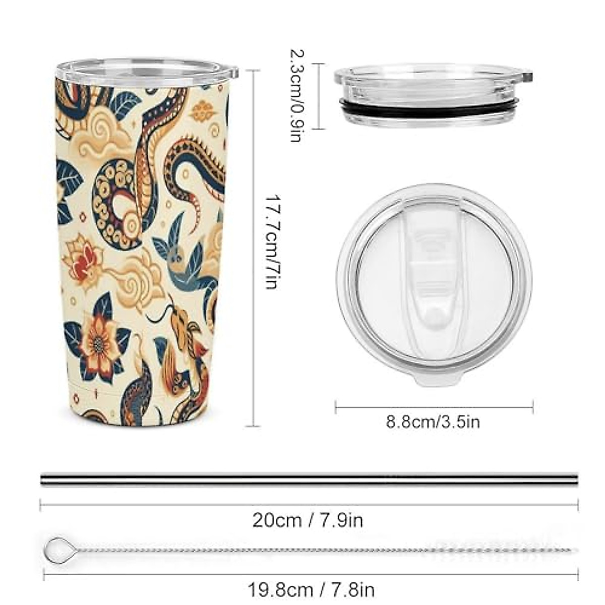 20oz Chinese Style Snake Pattern Tumbler Stainless Steel, Vacuum Insulated Tumbler with Lid And Straw Unique Coffee Mug Travel Mug Gifts for Women Men