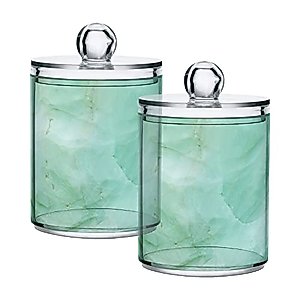 Blueangle 2PCS Green Marble Pattern Qtip Holder Dispenser with Lids - Apothecary Jar Containers for Vanity Organizer Storage - Plastic Food Storage Canisters（182）