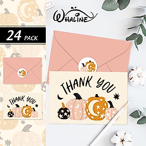 Whaline 24 Pack Fall Thank You Cards Bulk Pink Orange Pumpkin Star Greeting Cards with Envelopes Stickers Blank Note Cards for Autumn Thanksgiving Party, 4 x 6 Inch